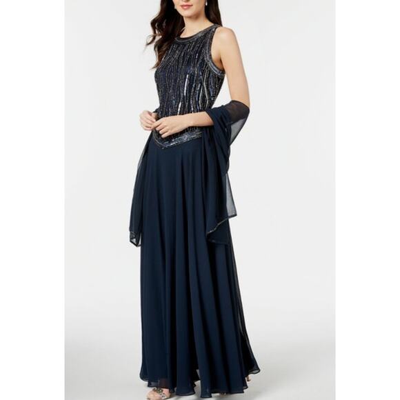 J Kara | Dresses | J Kara Sleeveless Beaded Gown Womens 4 Navy Blue ...